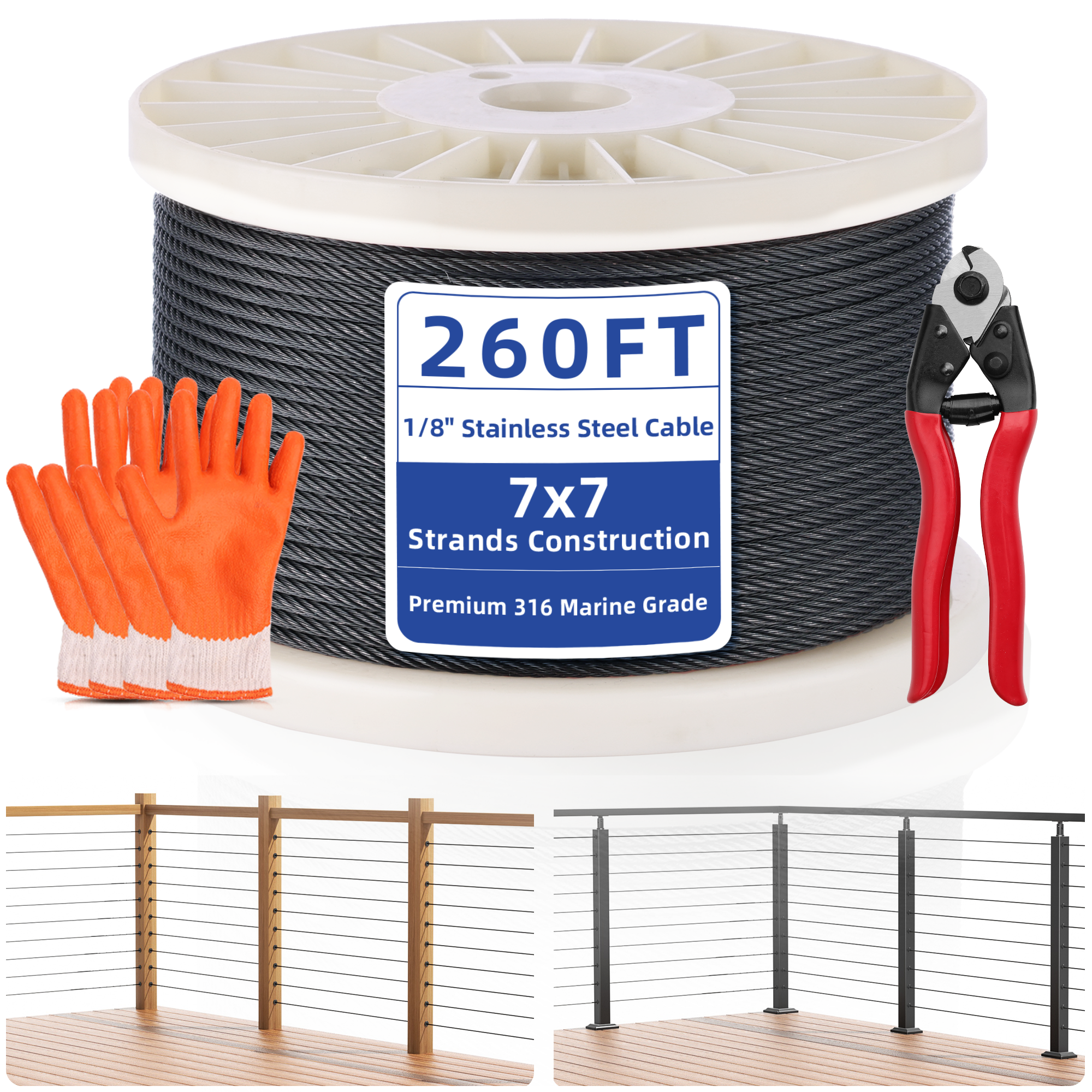 Fulifix 1/8'' T316 Stainless Steel Cable, 260FT Black 7x7 Strands Wire