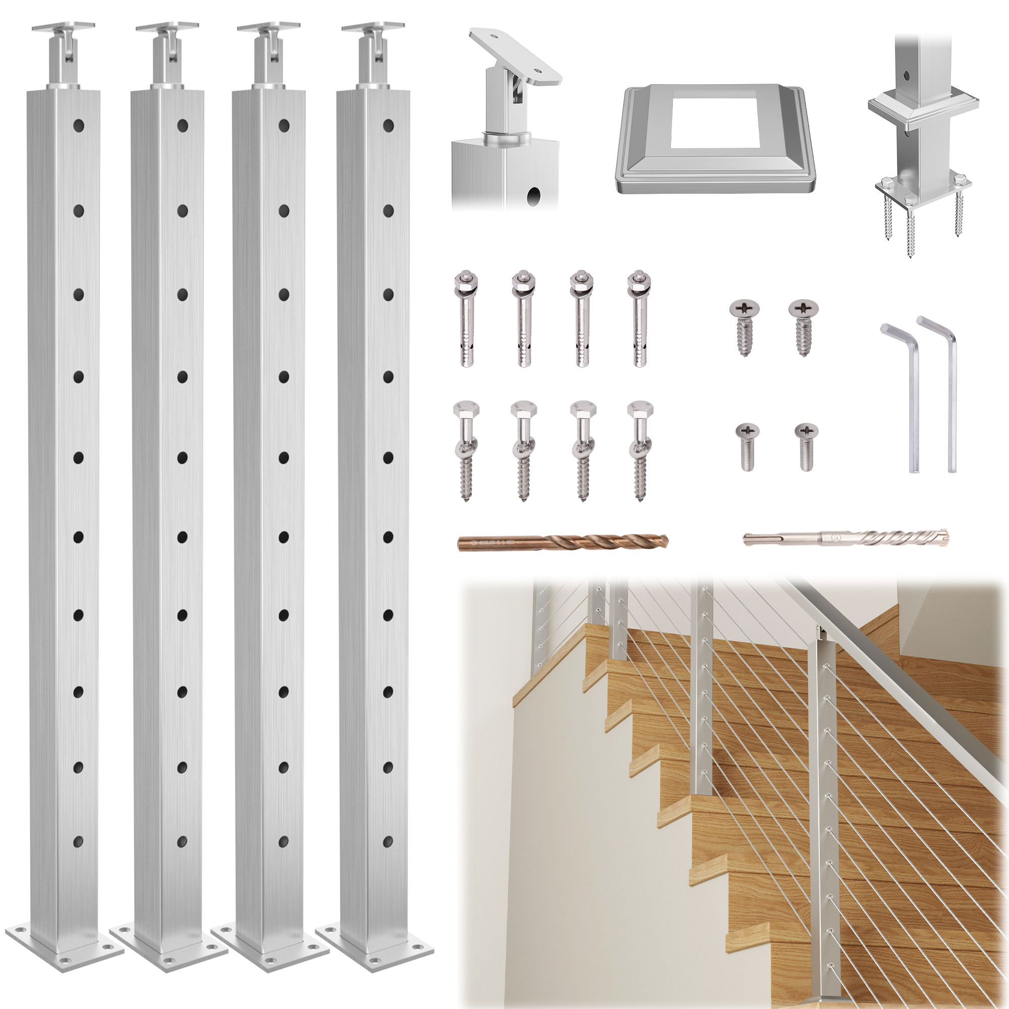 Fulifix Cable Railing Post, 4 Pack Railing Stair Post, 36" x 2" x 2",