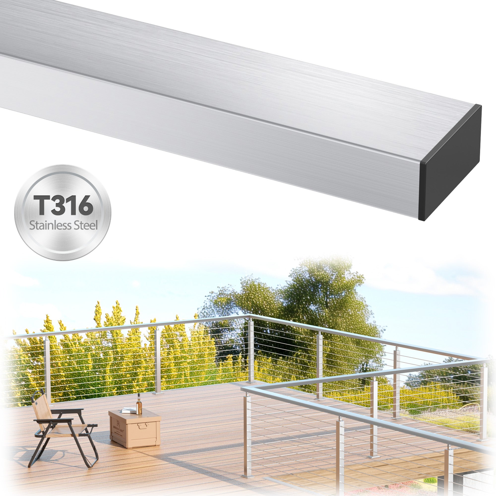 Fulifix Cable Railing Handrail, Brushed Flat Handrail, 6'6" Long, 2" x