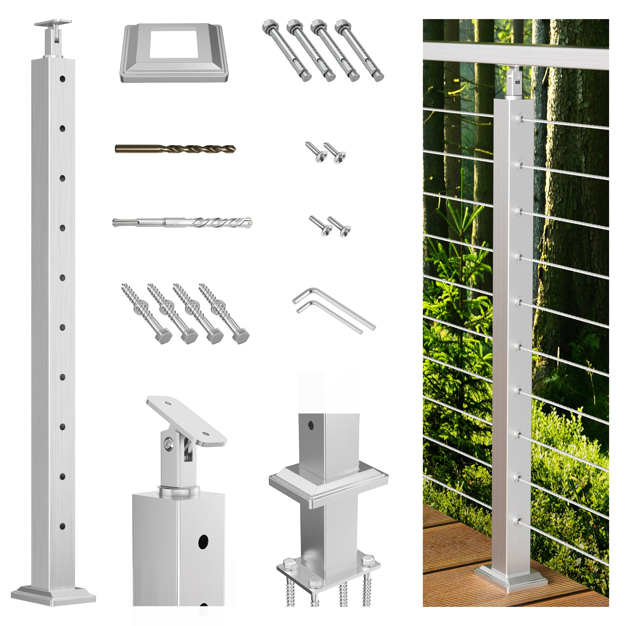 Fulifix Cable Railing Post, Level Drilled Railing Post, 36" x 2" x 2",