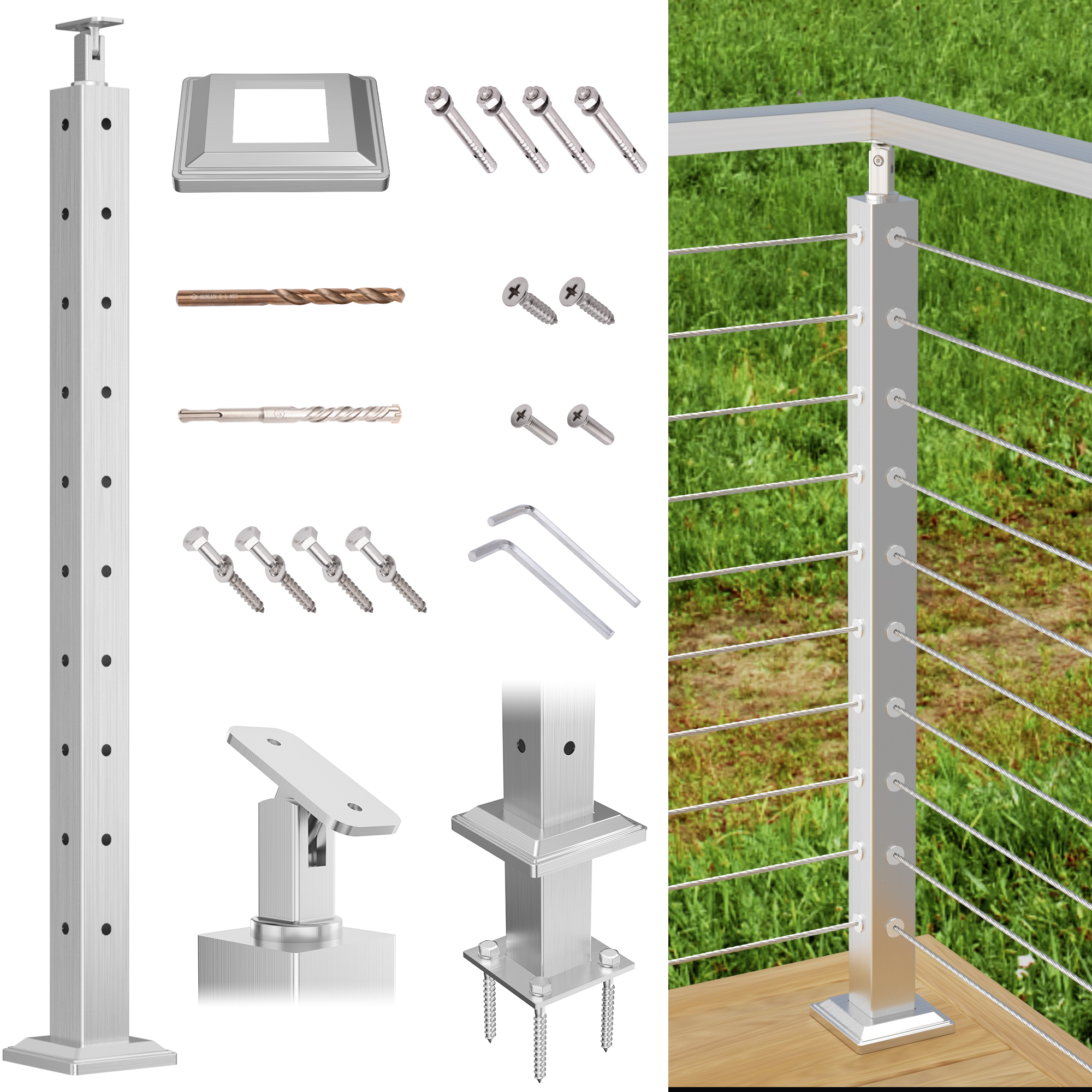 Fulifix Cable Railing Post, Corner Drilled Railing Post, 36" x 2" x 2"